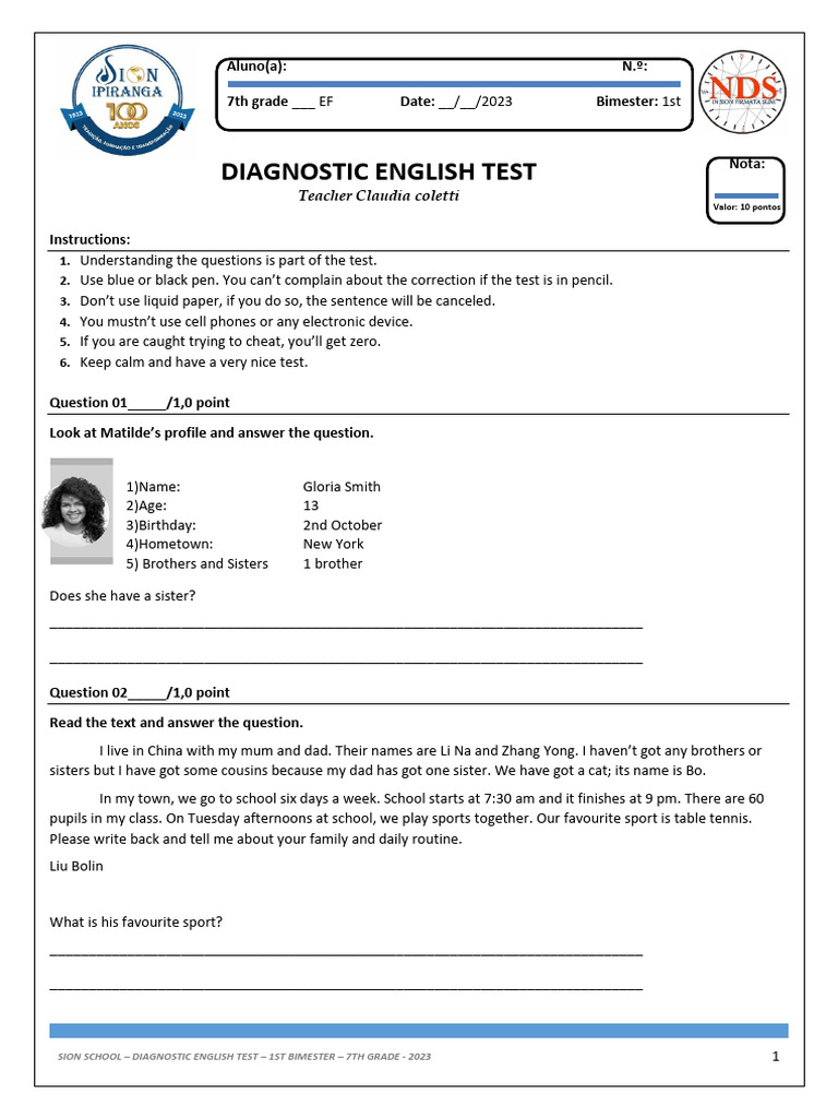 7th Grade English Diagnostic Test 2023 | PDF