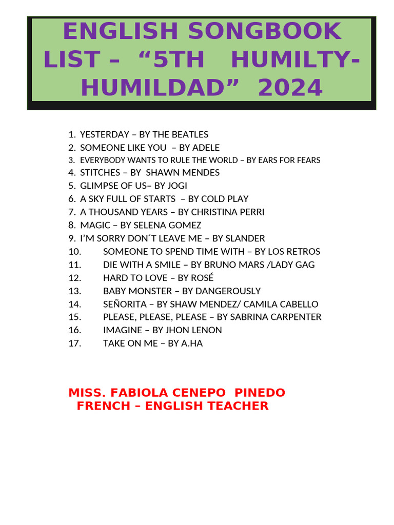 2024 English Songbook List | PDF