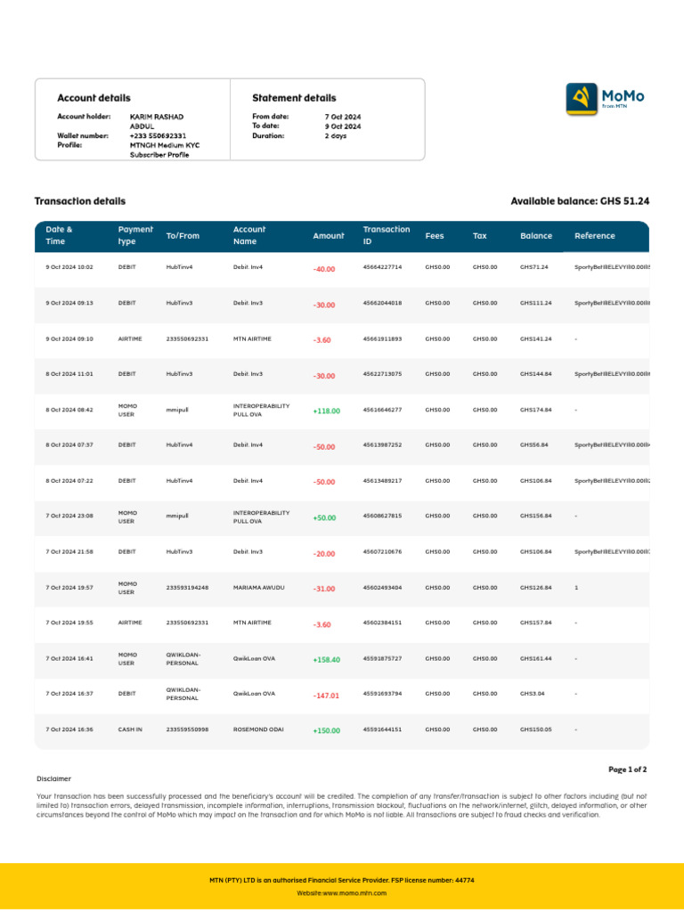 MoMo Statement | PDF | Debit Card | Business