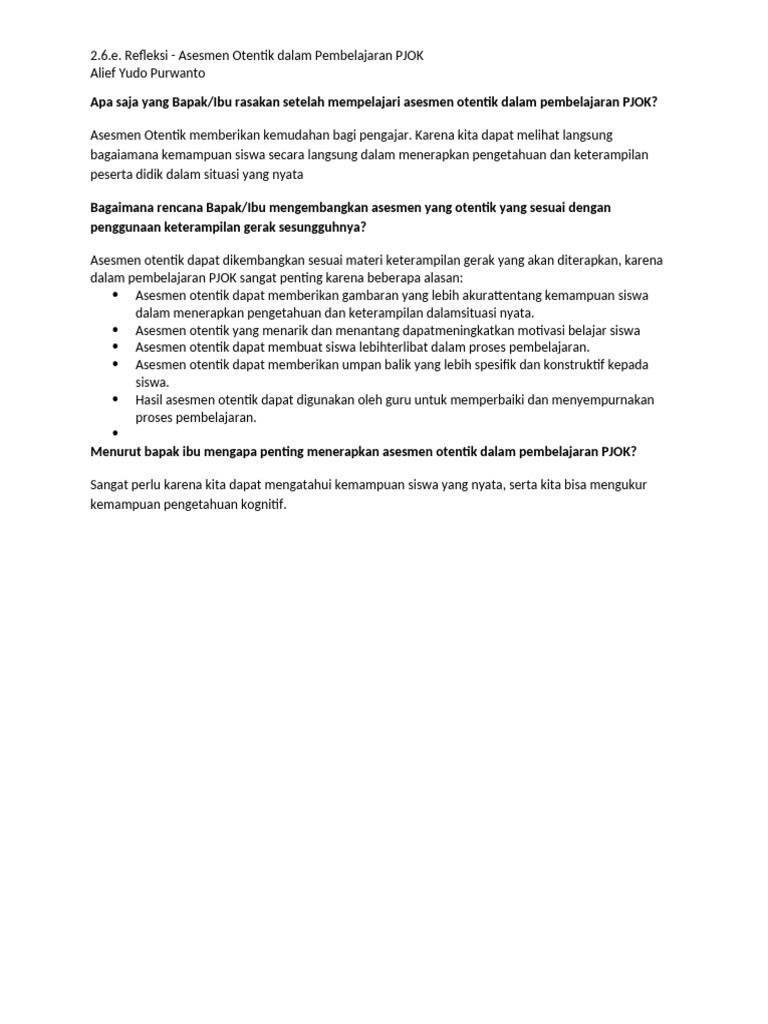 2.6.e. Refleksi - Asesmen Otentik Dalam Pembelajaran PJOK Alief Yudo | PDF | Karier & Perkembangan