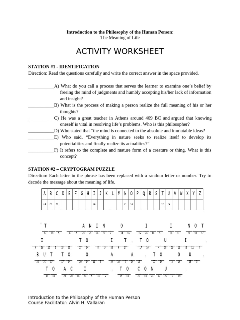 Philosophy of the Human Person Worksheet | PDF | Meaning Of Life | Socrates