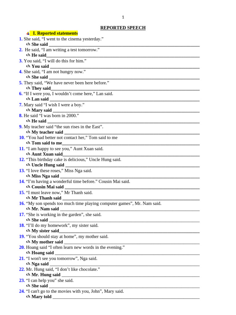 BT Reported Speech Gui HS | PDF | Home & Garden