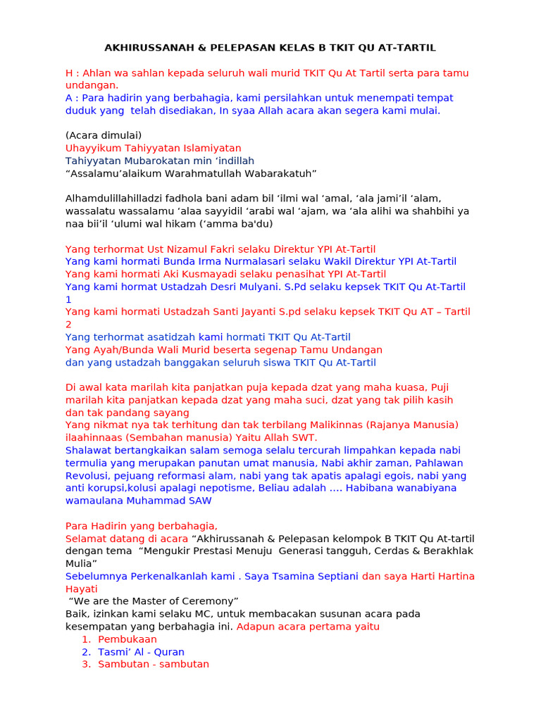 Teks MC Wisuda TKIT Qu At-Tartil | PDF