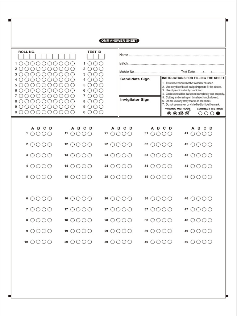 OMR Sheet for 50 Questions Instructions | PDF | Office Equipment ...