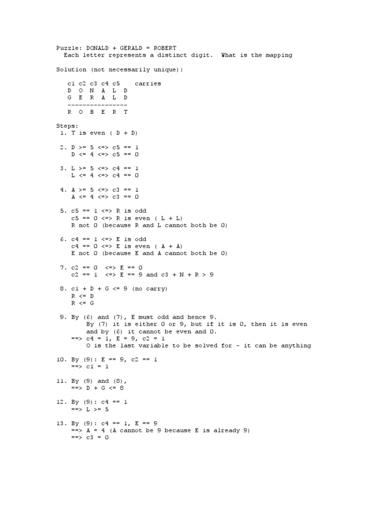 Cryptarithm: DONALD + GERALD = ROBERT | PDF | Mathematical Problem ...