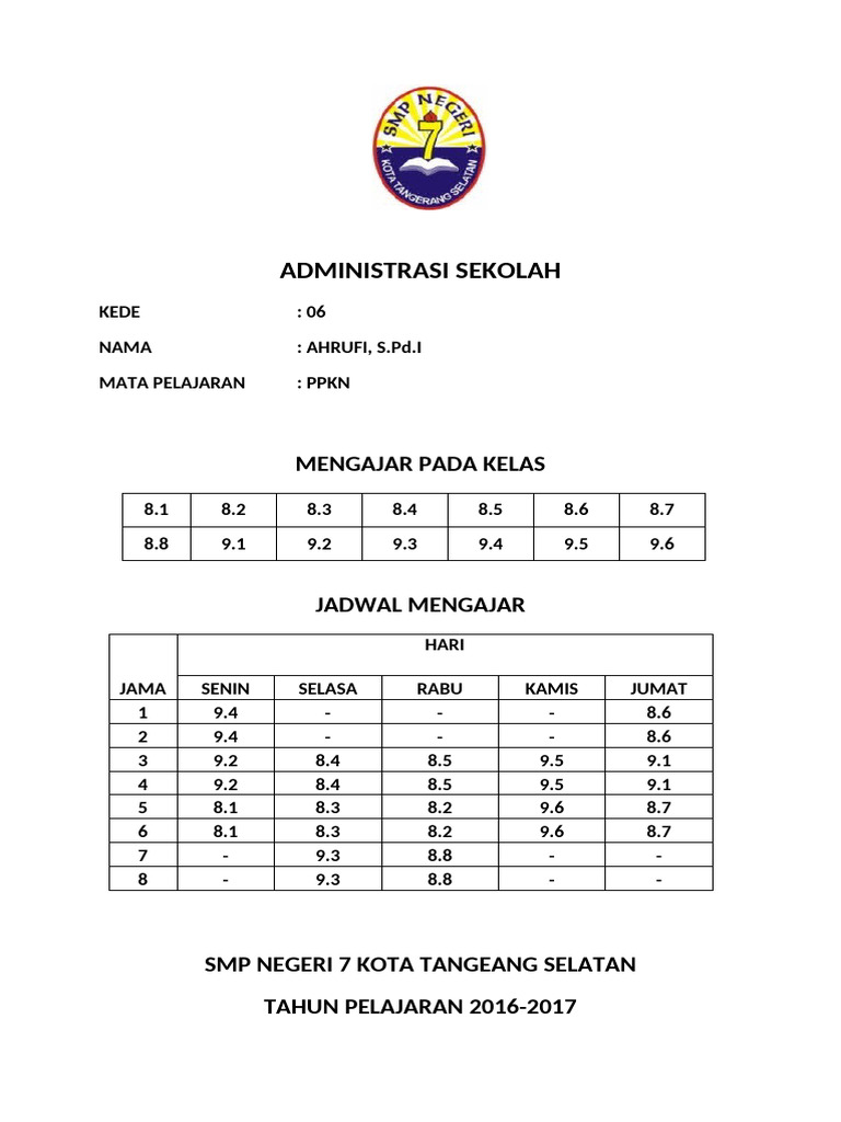 Jadwal Mengajar PPKN Kelas 8 SMP 7 | PDF