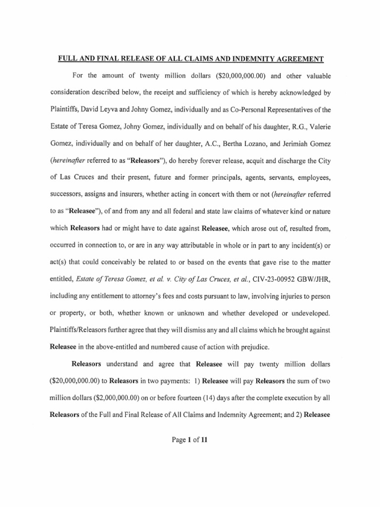 Release of All Claims Form Regarding City of Las Cruces v. Teresa Gomez ...