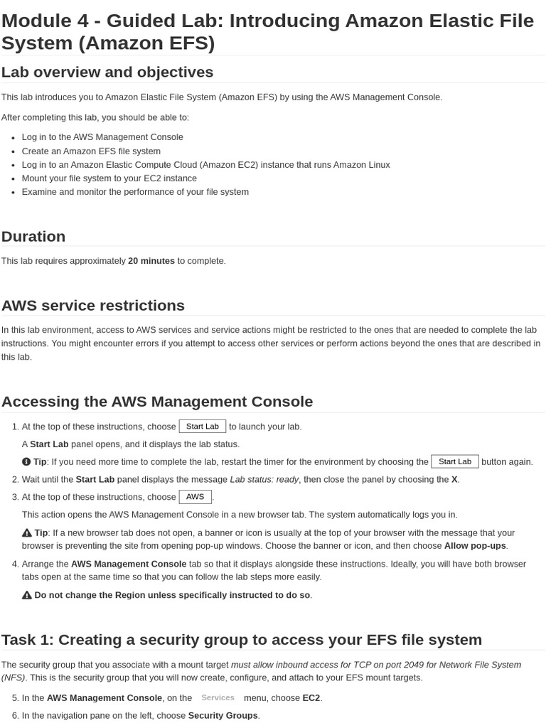 Module 4 - Guided Lab - Introducing Amazon Elastic File System (Amazon EFS) | PDF | File System ...