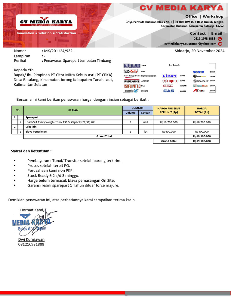PT CPKA - Penawaran Load Cell Avery Weigh-Tronix T302x Cap 22,5T 201124 | PDF