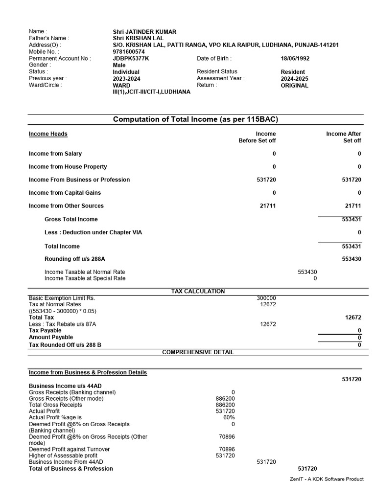 Jatinder Kumar - 2comp AY24-25 (Jaswant) | PDF | Income | Taxes