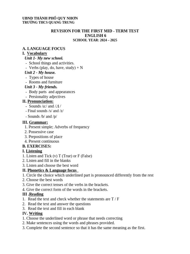 ĐỀ CƯƠNG ÔN TẬP GK 1 -AV6 (24-25) | PDF