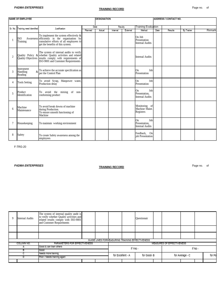 F-TRG-20 TRAINING Record Cum Employee History Card | PDF | Audit | Iso 9000