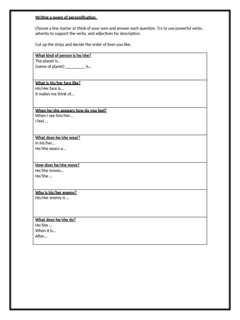 Week 13 - Personification Poem Planning Sheet | PDF