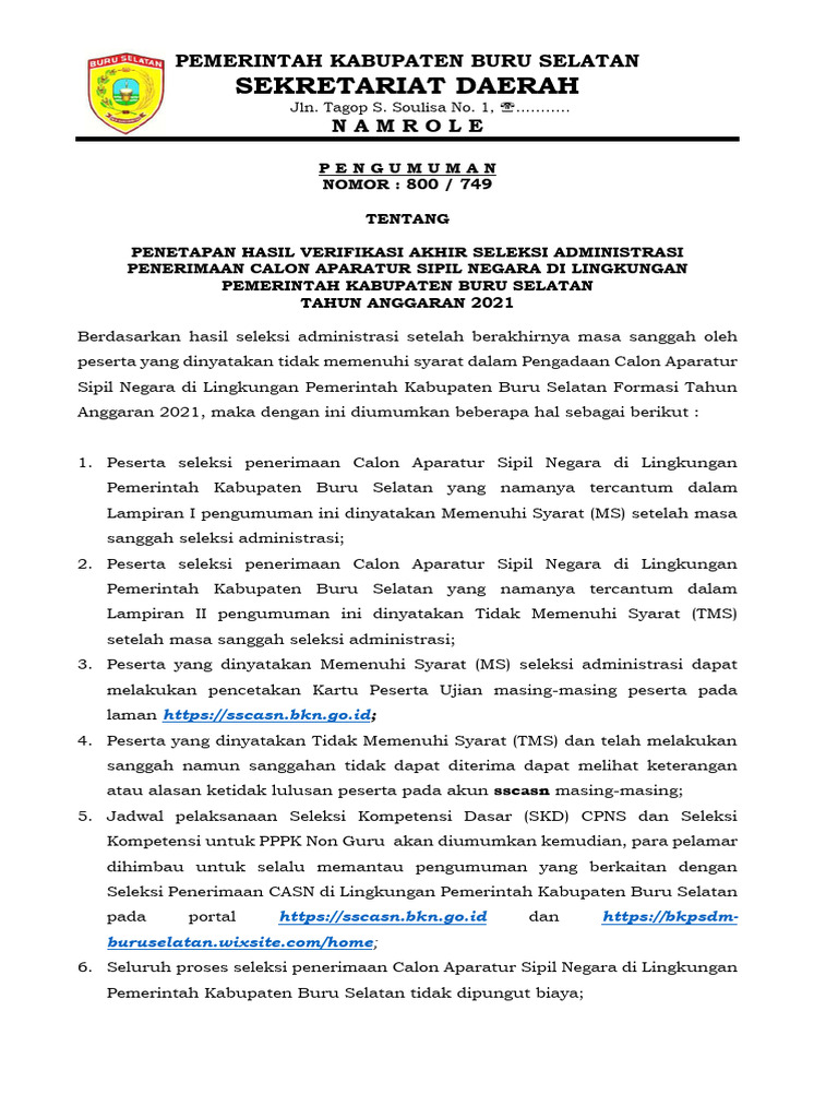 Update Hasil Seleksi Administrasi Pasca Masa Sanggah | PDF