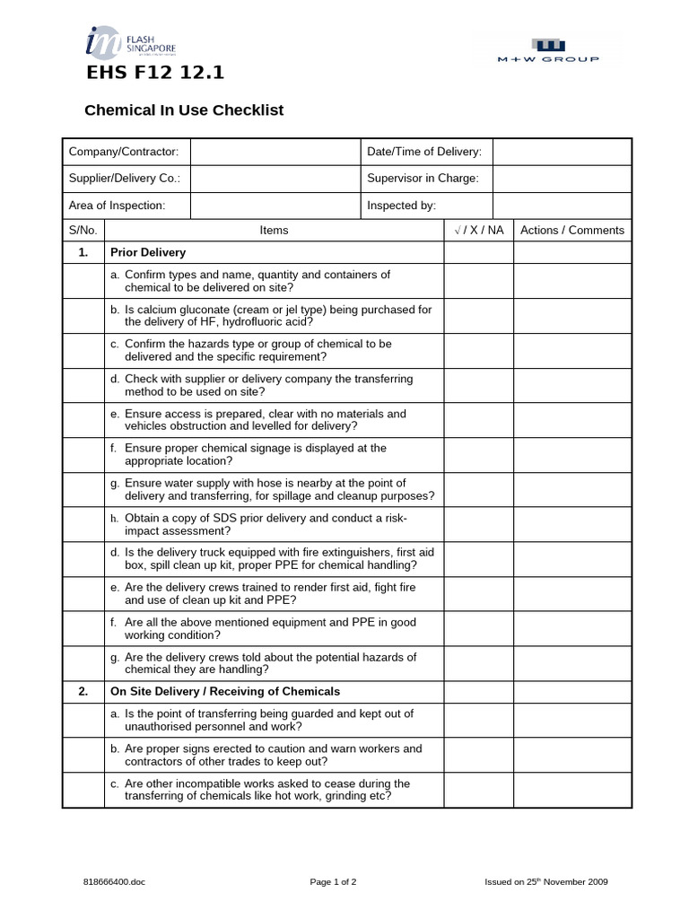 Chemical in Use Checklist | PDF | Personal Protective Equipment ...
