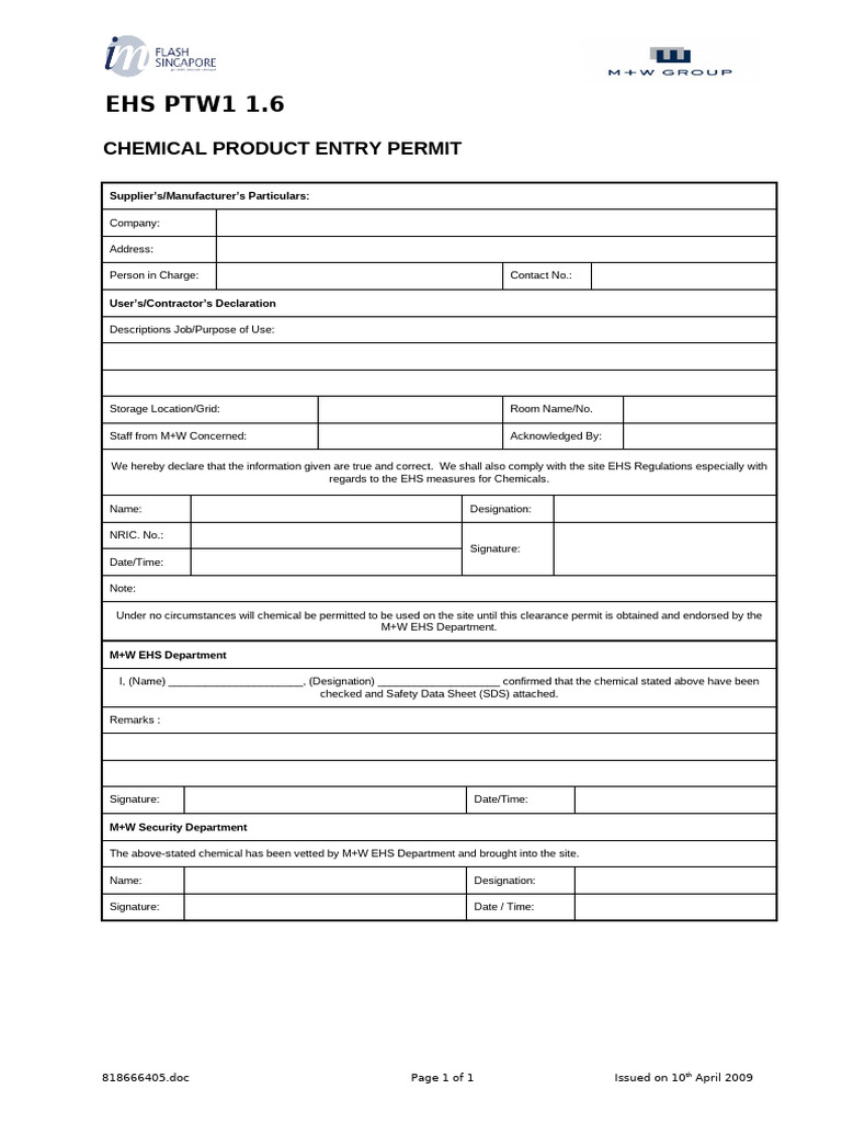Chemical Product Entry Permit Template | PDF