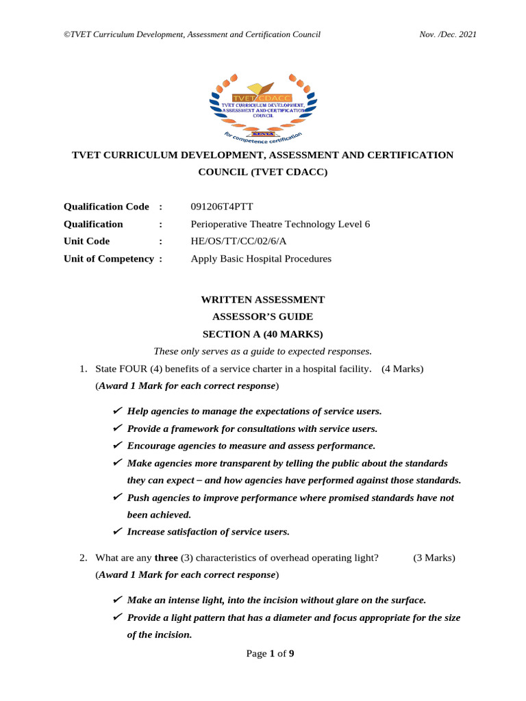 Assessor's Guide Apply Basic Hospital Procedures l6 | PDF | Patient ...