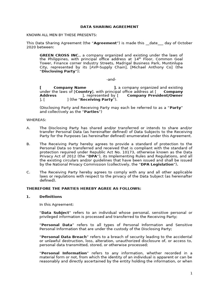 GCI Data Sharing Agreement Template | PDF | Indemnity | Intellectual ...