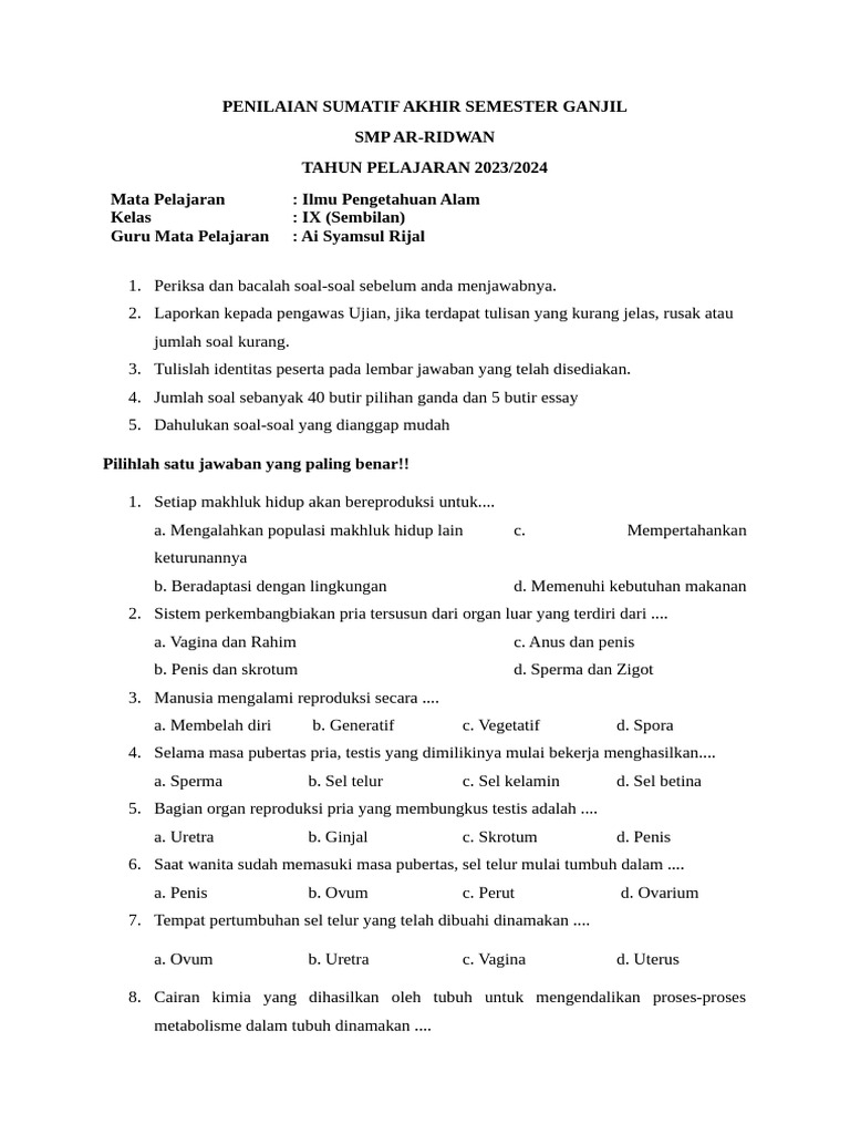 PENILAIAN SUMATIF AKHIR SEMESTER GANJIL - Kelas IX | PDF | Sains & Matematika