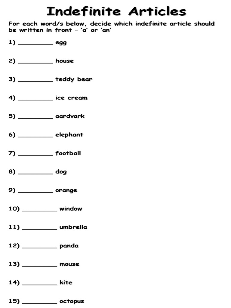 Indefinite Articles Worksheet | PDF | Games & Activities | Teaching ...
