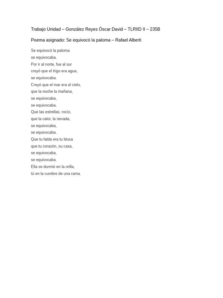 Análisis del poema "Se equivocó la paloma" | PDF | Poesía