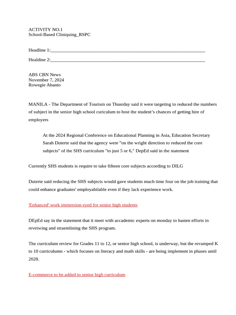 Copyreading Activities - RSPC | PDF | Curriculum