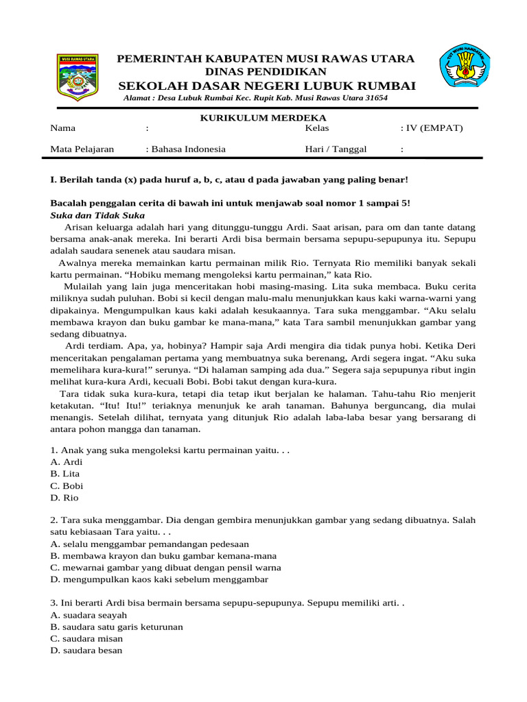 Soal Sumatif PAS Bahasa Indonesia Kelas IV Semester 1 | PDF