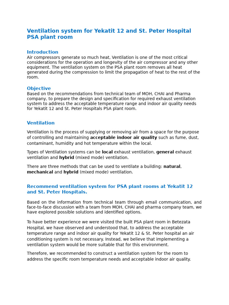 Ventilation System For Yekatit 12 and St. Peter H. | PDF | Ventilation ...