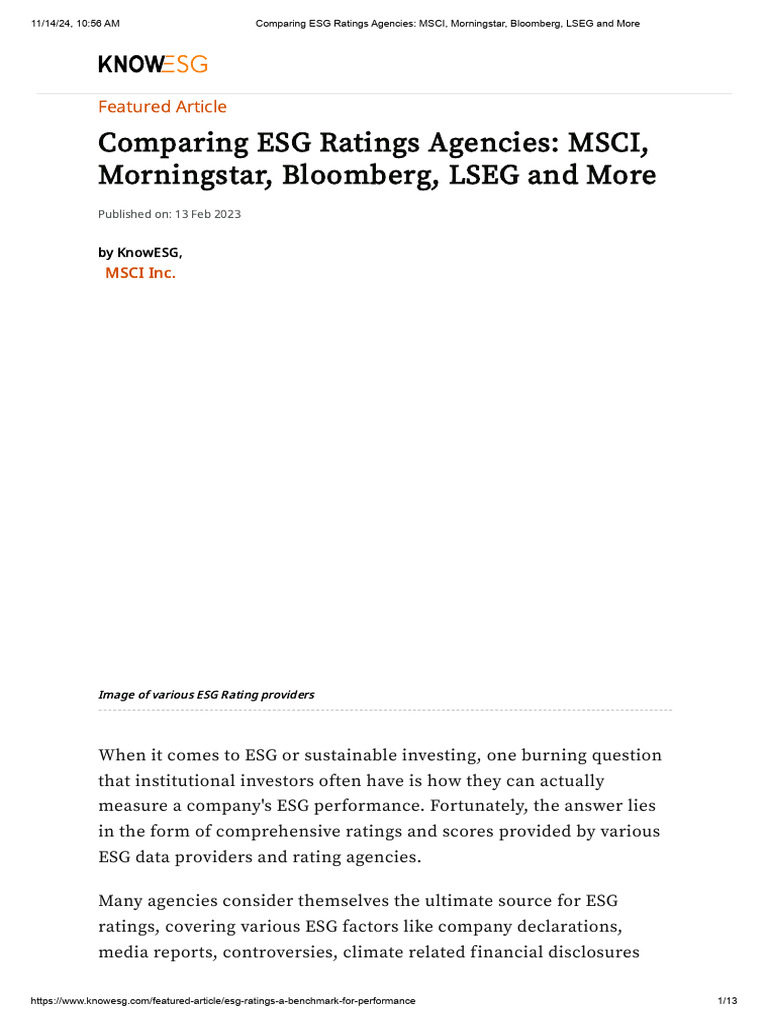 Comparing ESG Ratings Agencies - MSCI, Morningstar, Bloomberg, LSEG and ...