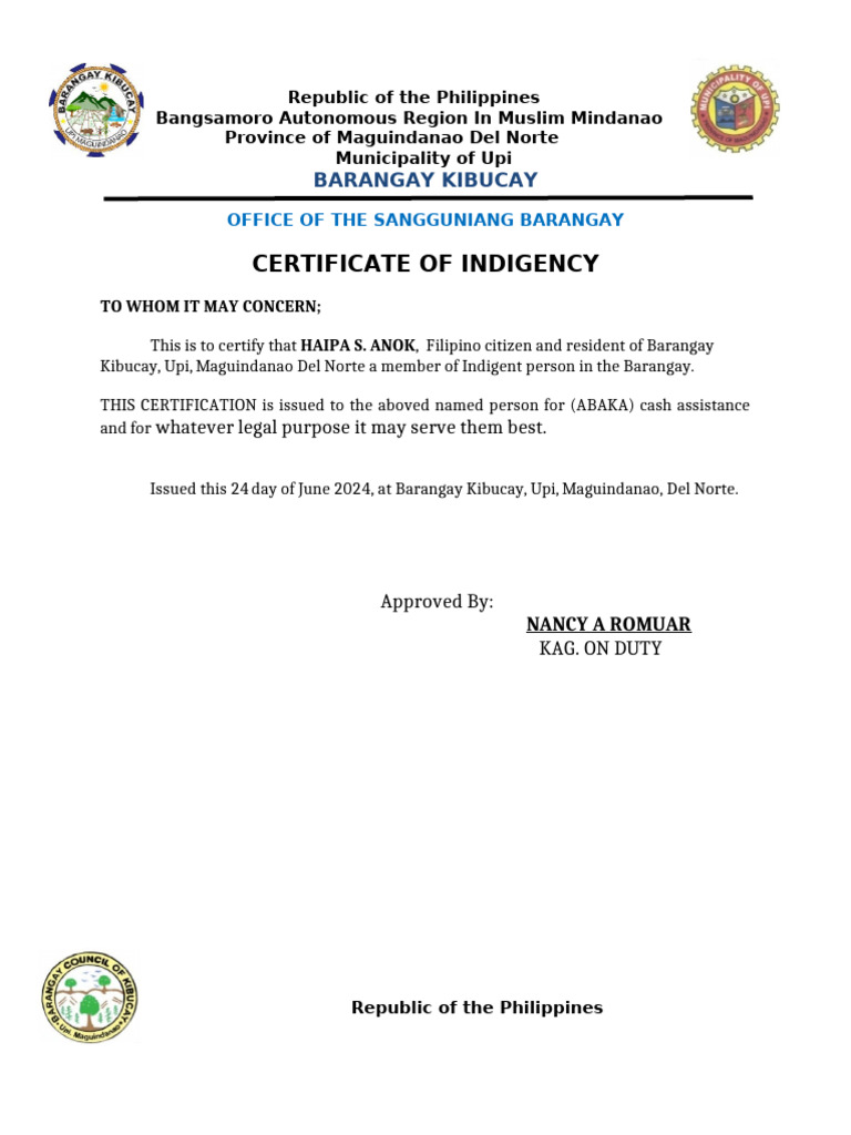 Certificate of Indigency 2019 | PDF | Philippines