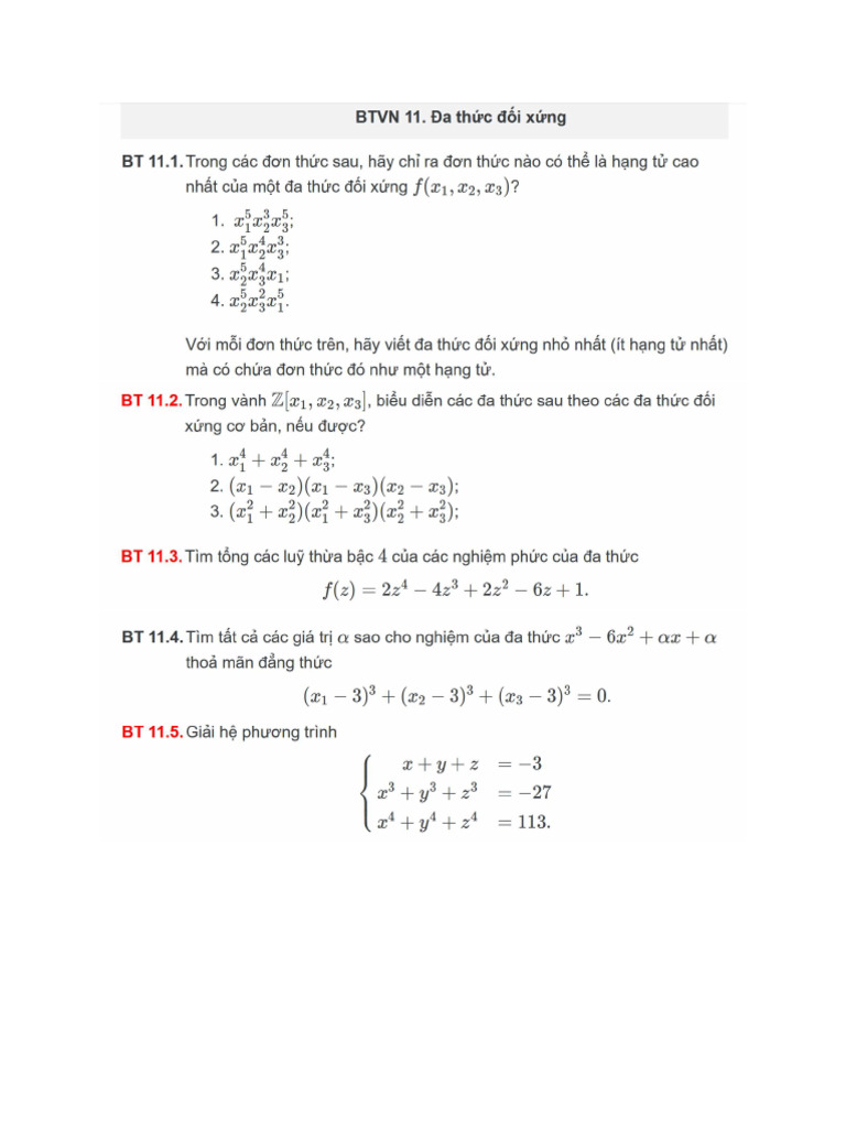 BTVN 11. Đa thức đối xứng | PDF
