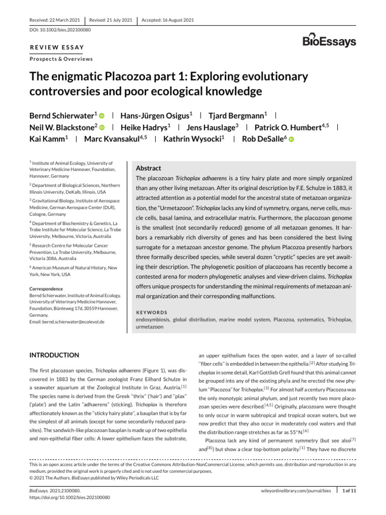 The Enigmatic Placozoa Part 1 Exploring Evolutiona | PDF | Biology