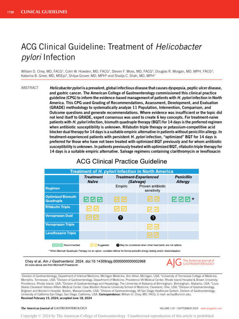 Acg Clinical Guideline Treatment of Helicobacter.13 | PDF | Systematic ...