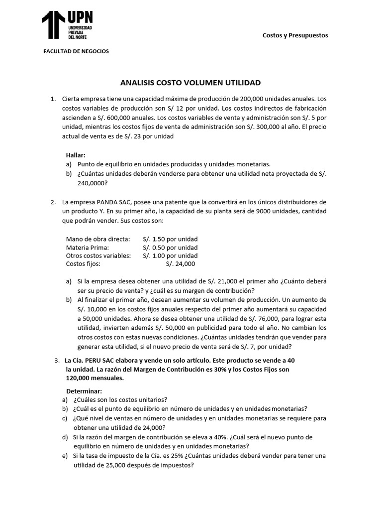 Práctica de Campo 4 Calculo Análisis Costo Volúmen Utilidad | PDF | Presupuesto | Negocios ...