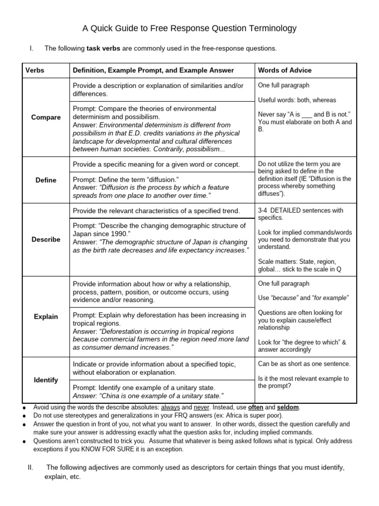 FRQ Terminology Quick Guide | PDF | Question