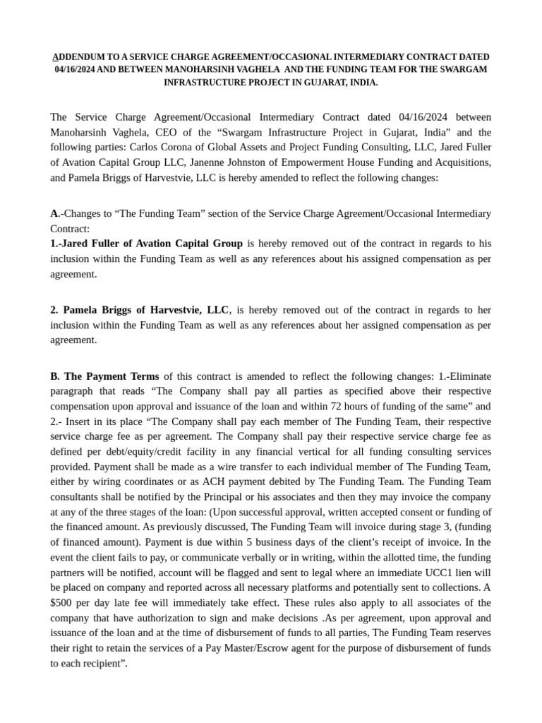 Word Version Final ADDENDUM TO SERVICE CHARGE AGREEMENT FOR THE SWARGAM ...