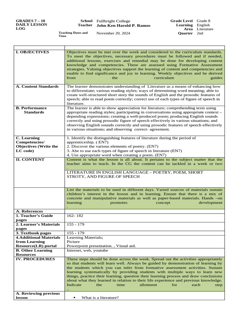 RamosJkHDaily DLP 2nd Quarter ENGLISH 7 | PDF | Learning | Curriculum