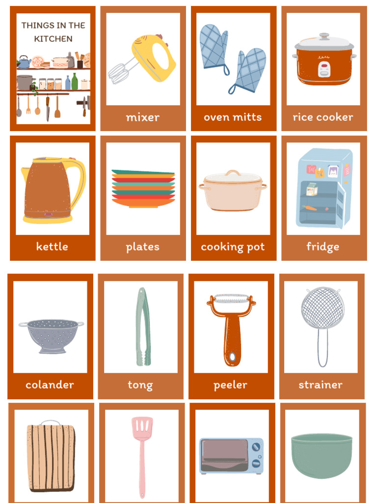 Red Orange Printable Things in The Kitchen Flashcards | PDF