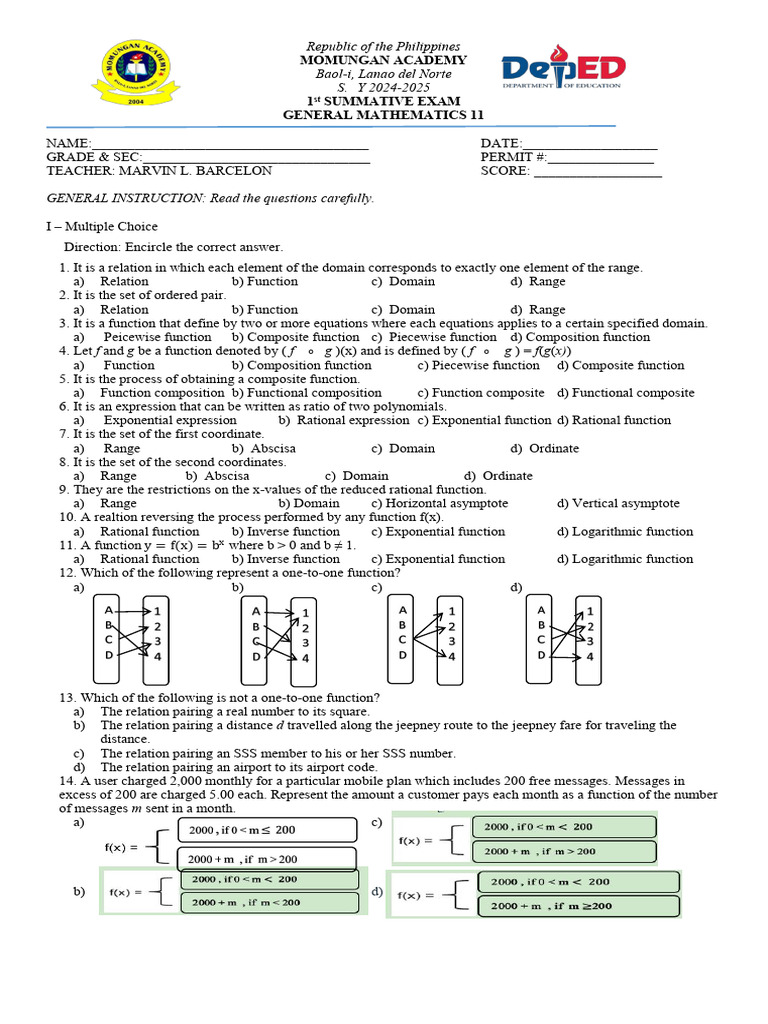 1st QE11 | PDF | Function (Mathematics) | Equations