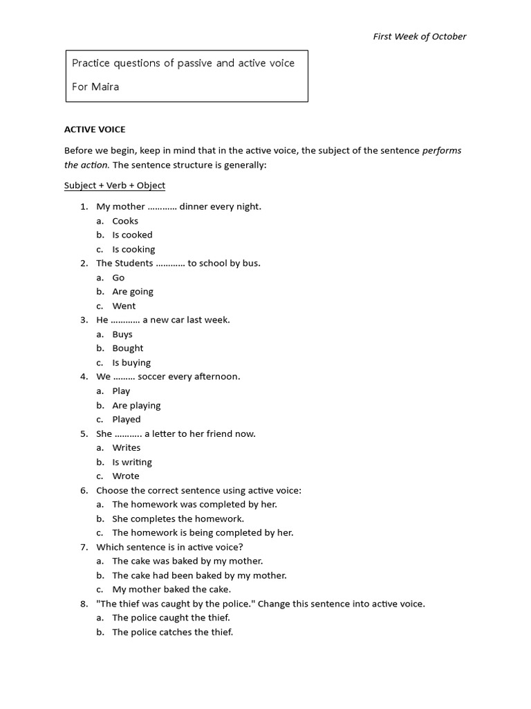 Practice Questions of Passive and Active Voice | PDF | Morphology ...