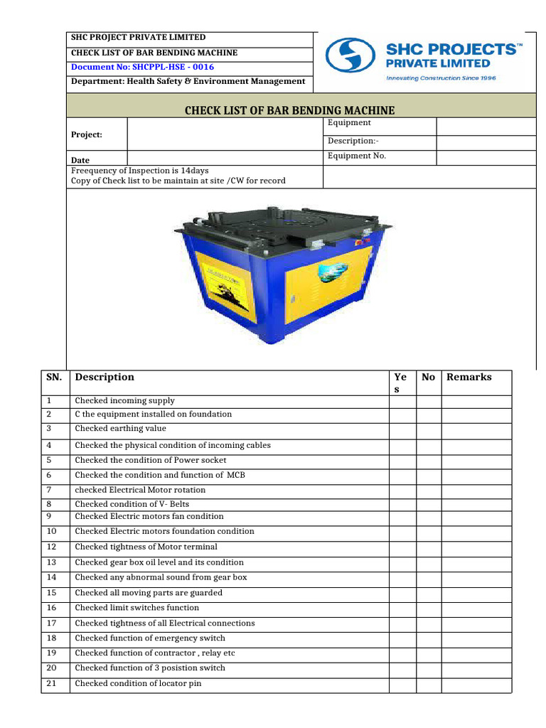 SHCPPL-HSE-2024.0016 CHECK LIST OF BAR BENDING MACHINE | PDF