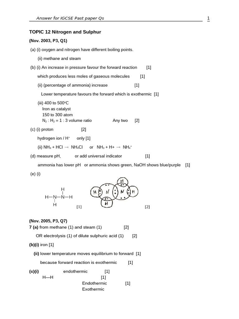 Answer For Past Paper Qs-Topic 12 and 13 Nitrogen and Sulphur | PDF ...