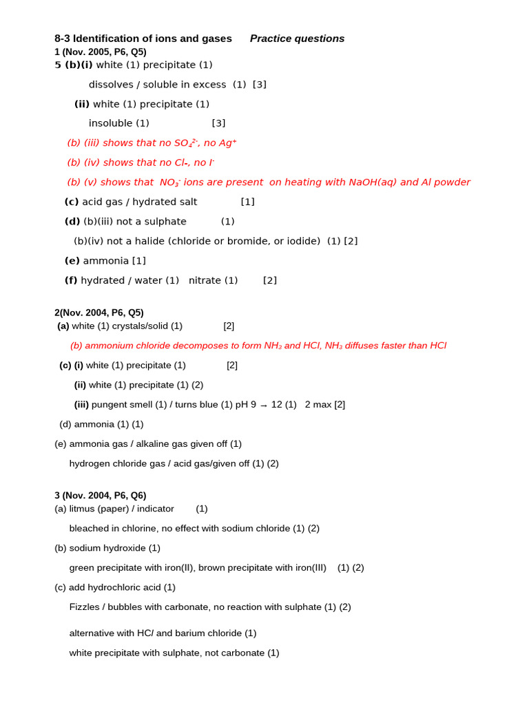 Answer For Past Paper Qs Topic 8-3 Identification of Ions | PDF