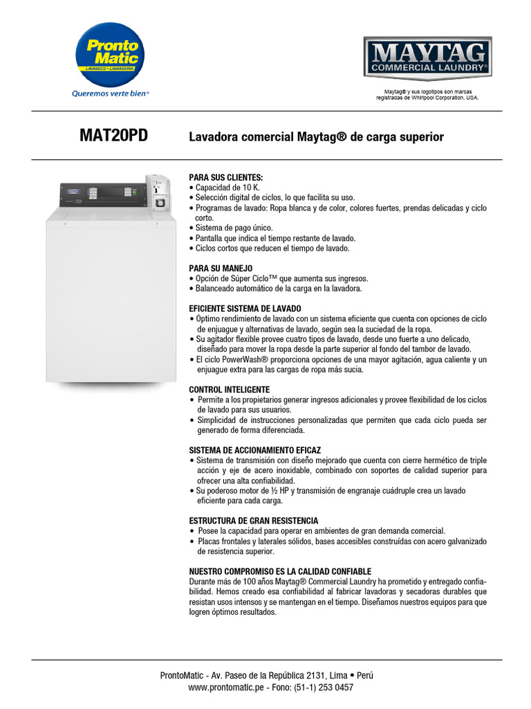 Ficha Técnica Lavadora Prontomatic Mat20pd | PDF