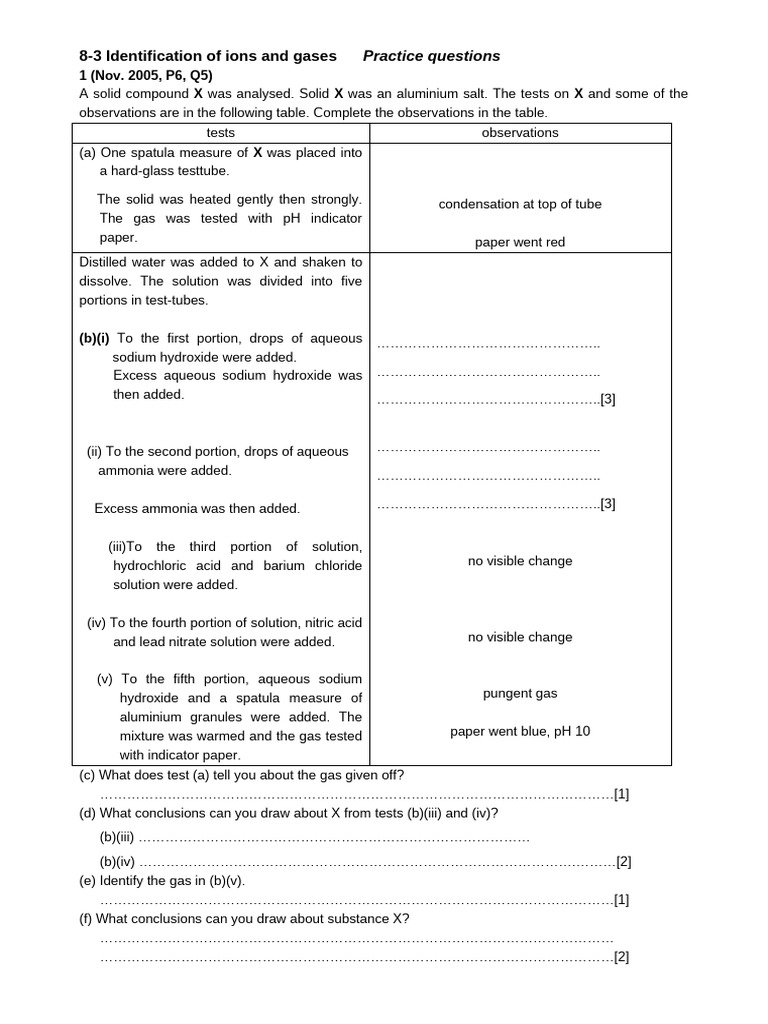 Past Paper Qs Topic 8-3 Identification of Ions and Gases | PDF ...