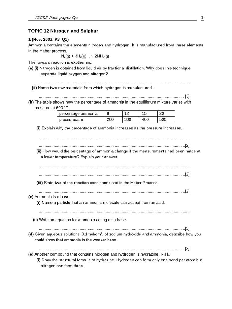 Past Paper Qs-Topic 12 and 13 Nitrogen and Sulphur Carbonates | PDF ...