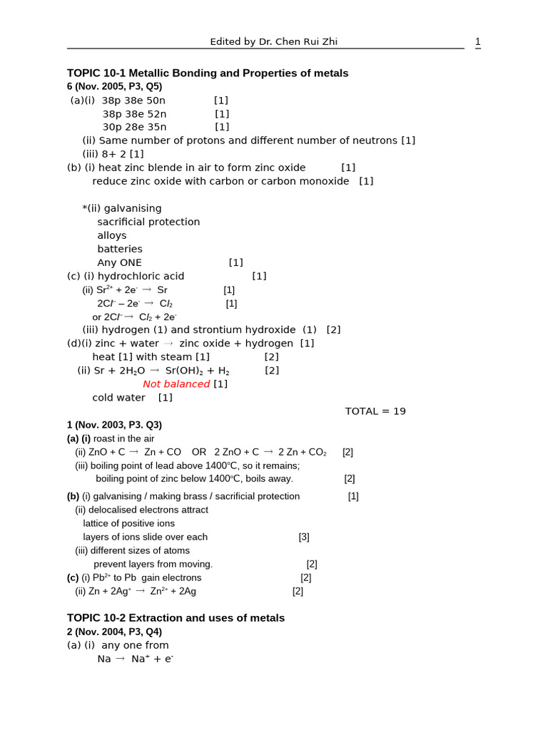 Answer-Past Paper Qs-Topic 10 Metals | PDF | Iron | Oxide