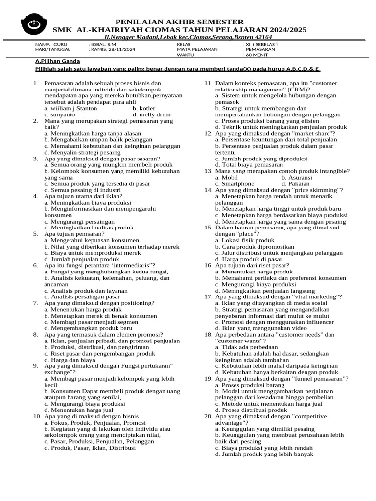 Soal Pat Pemasaran SMK Kelas Xi | PDF