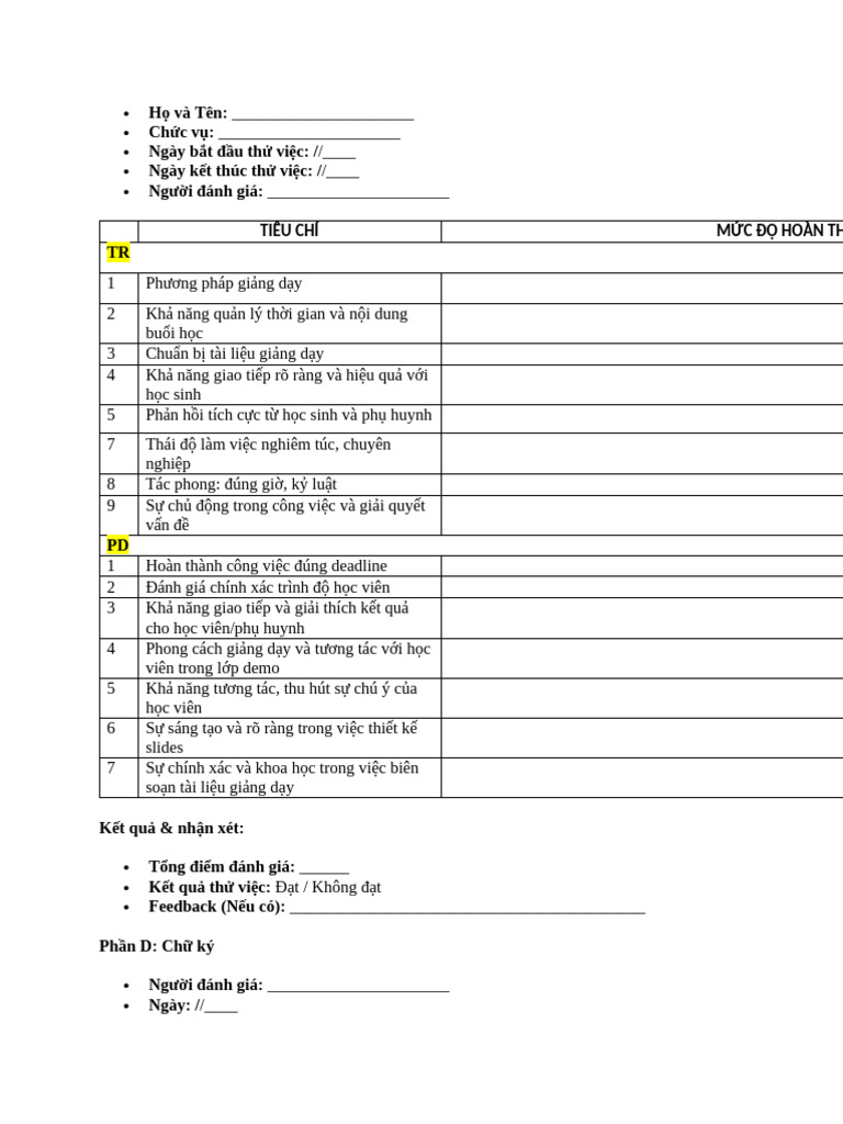 Form Đánh Giá Thử Việc GV Full Time | PDF
