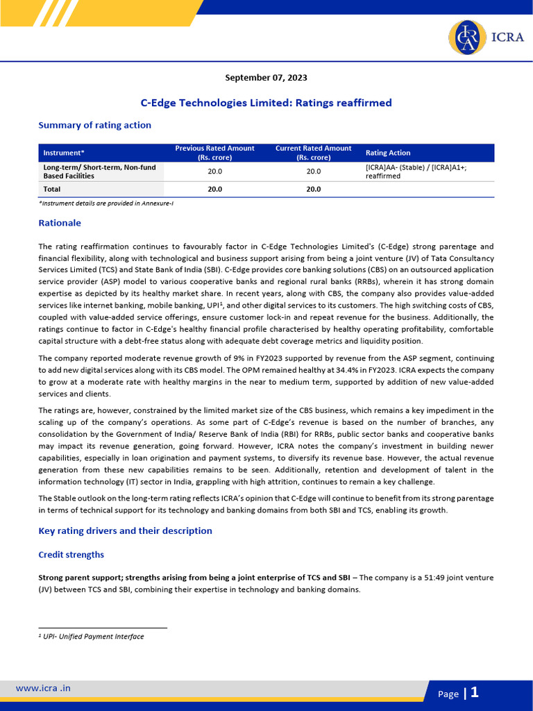 C-Edge Technologies Ratings Update | PDF | Banks | Credit Rating Agency
